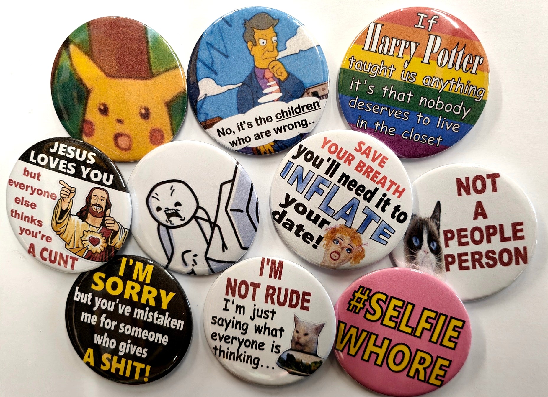 Funny Slogan Badge (58mm) - Assorted – The Scarborough Joke Shop
